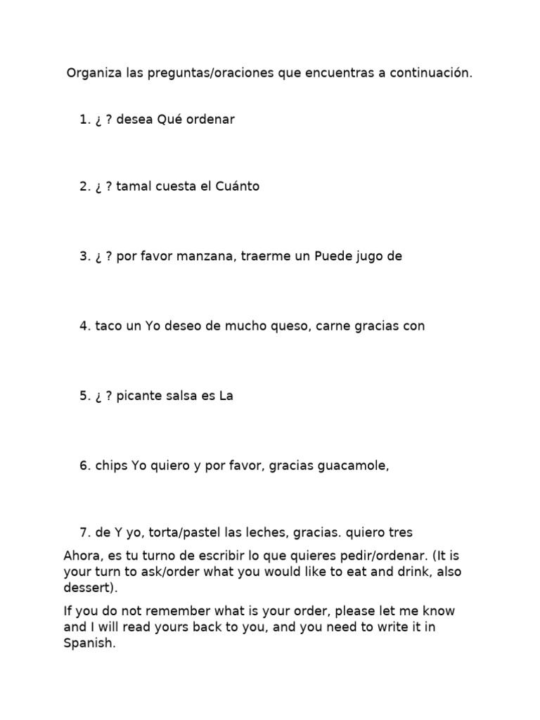 Preguntas para Ordenar La Comida. | PDF