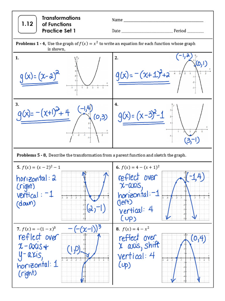 Practice 1.12-Transformations of Functions Key | PDF | Function ...