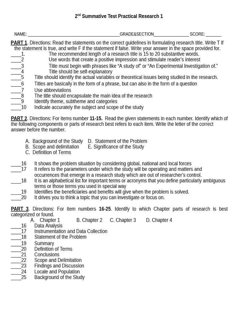 1st Summative Test Practical Research 1 | PDF | Methodology