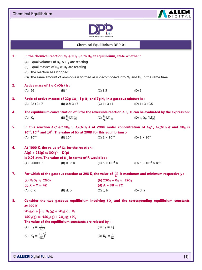 DPP-Chemical Equilibrium Combined | PDF | Chemical Equilibrium ...
