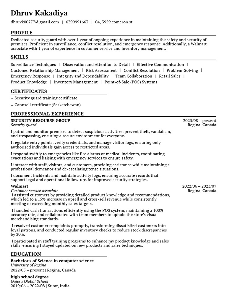 Dhruv Kakadiya Resume 2024 | PDF | Point Of Sale | Security Guard