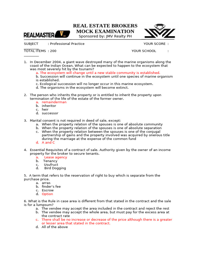 Real Estate Broker Exam Practice 2024 | PDF | Concurrent Estate ...