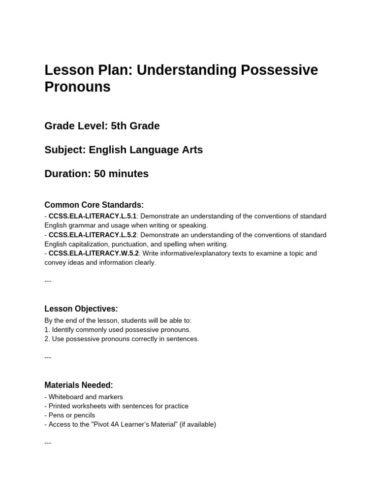 ESL Lesson Plan: Possessive Pronouns | PDF | English Language | Cognition