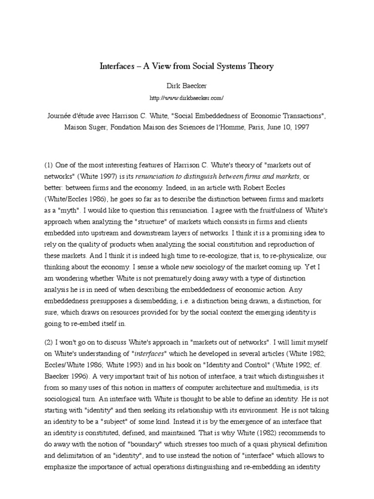 Dirk Baecker - Interfaces | PDF | Social Structure | Sociology