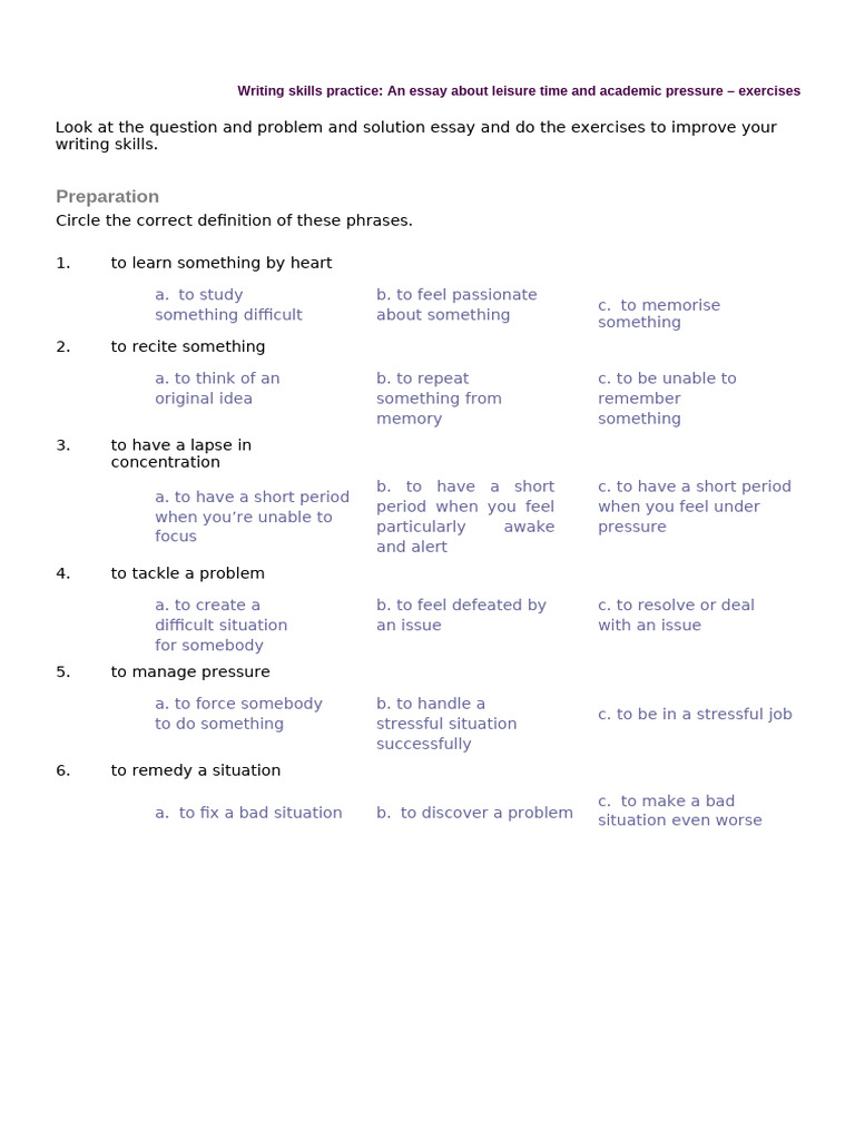 An Essay About Leisure Time and Academic Pressure - Exercises | PDF
