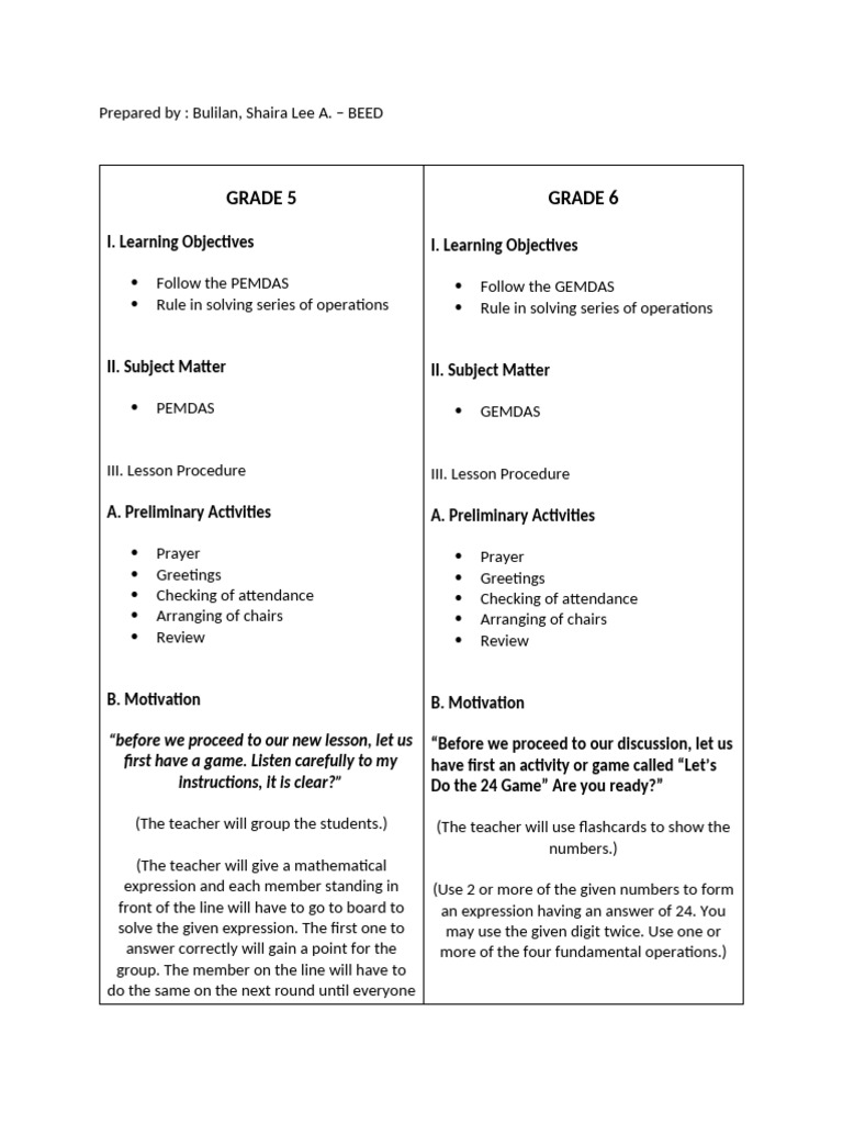 Lesson Plan Multigrade Act | PDF | Exponentiation | Multiplication