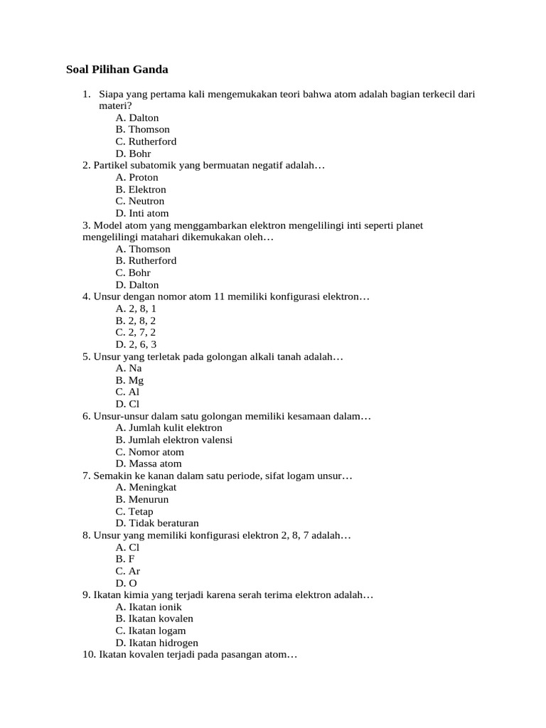 Soal Kimia Kelas X Semester 1 | PDF | Sains & Matematika