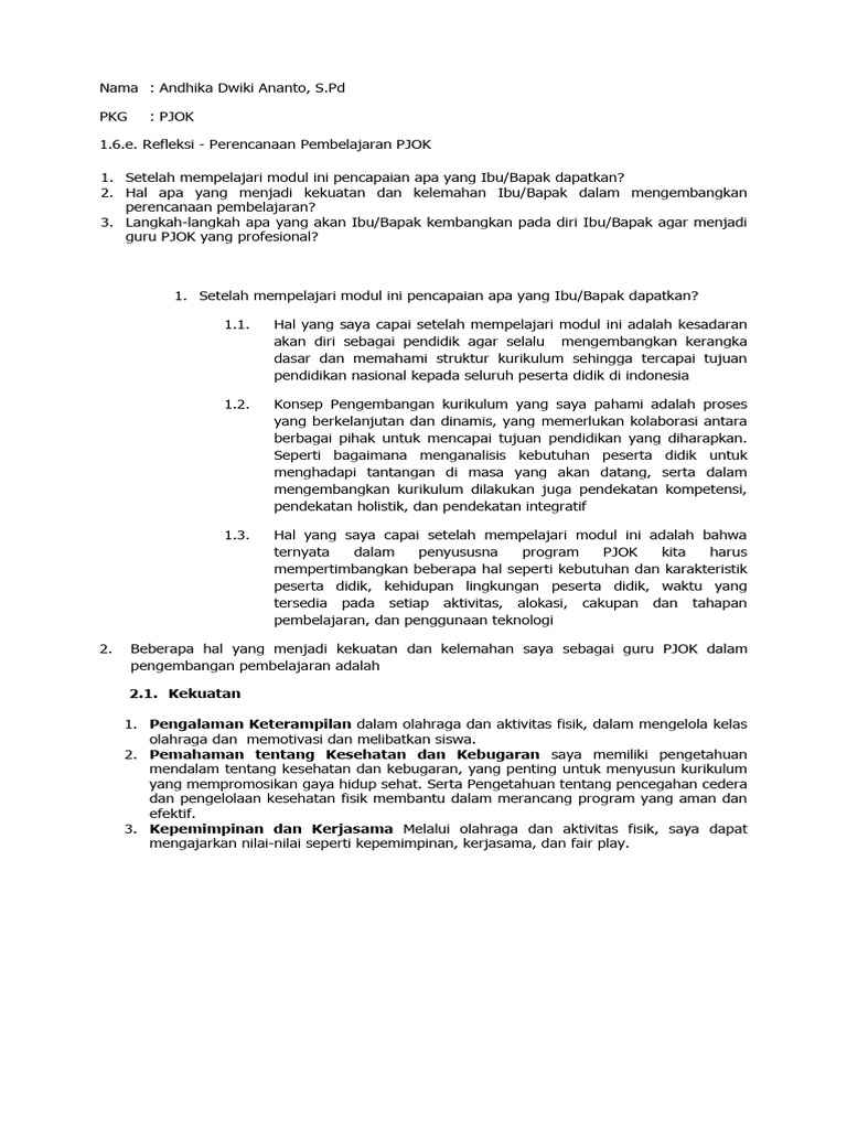 ANDHIKA Dwiki Ananto - 1-6-e-Refleksi-Perencanaan-Pembelajaran-PJOK | PDF