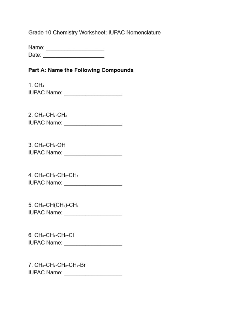 Grade 10 IUPAC Nomenclature Worksheet | PDF