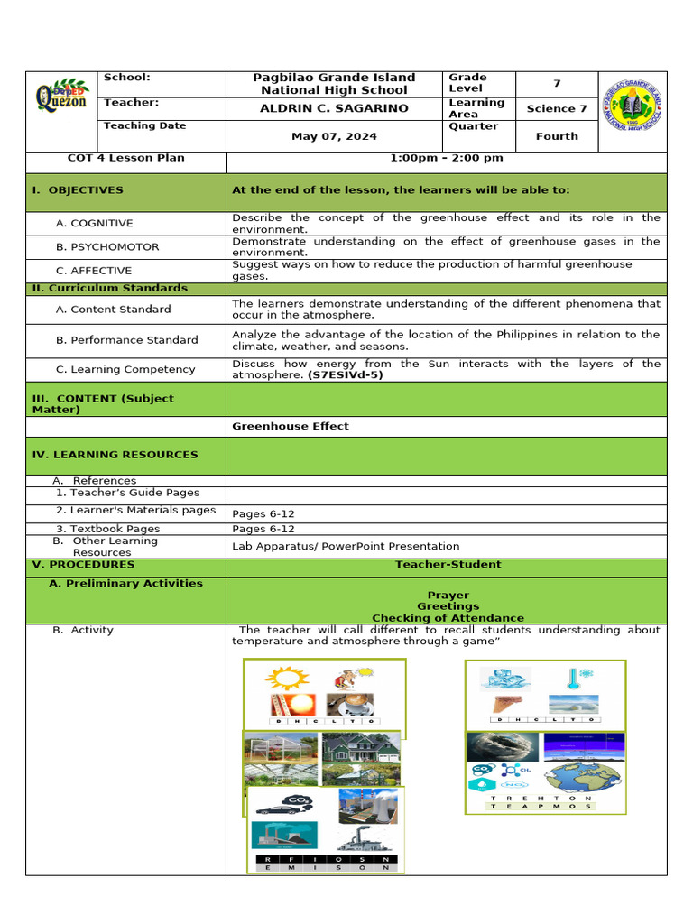 COT 4 Lesson Plan - SAGARINO, ALDRIN C. | PDF | Greenhouse Effect ...