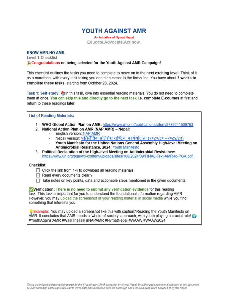 YOUTH AGAINST AMR Level 1 Checklist | PDF | Educational Technology ...