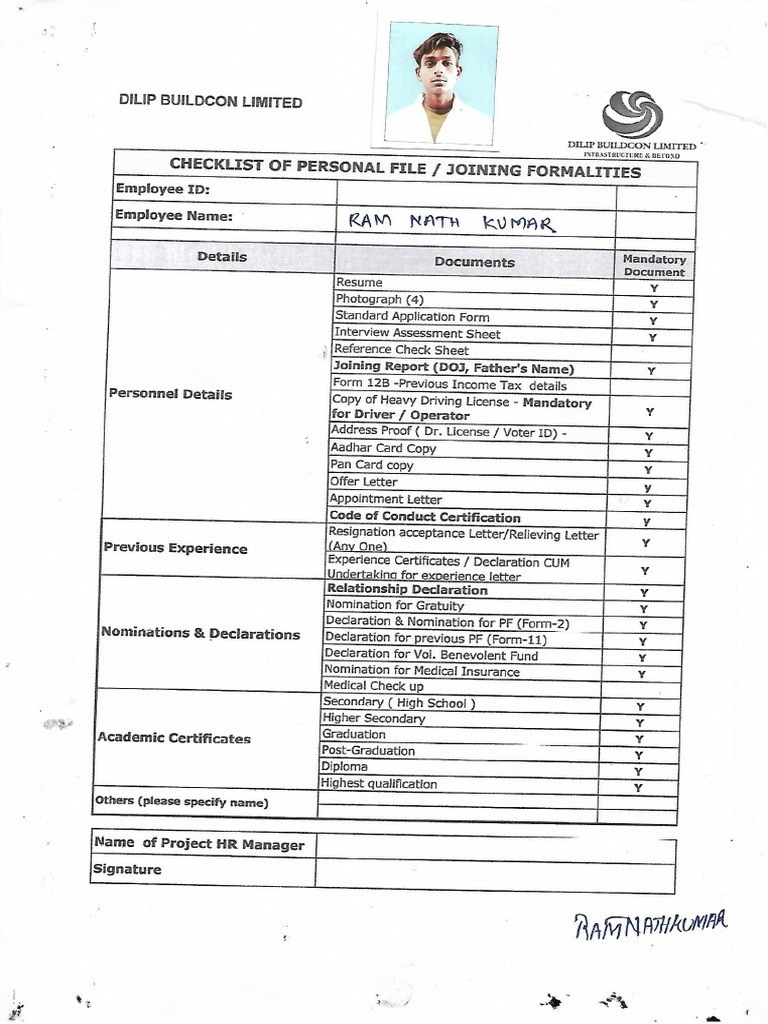 Ram Nath Kumar (Paver Helper) Joining form | PDF