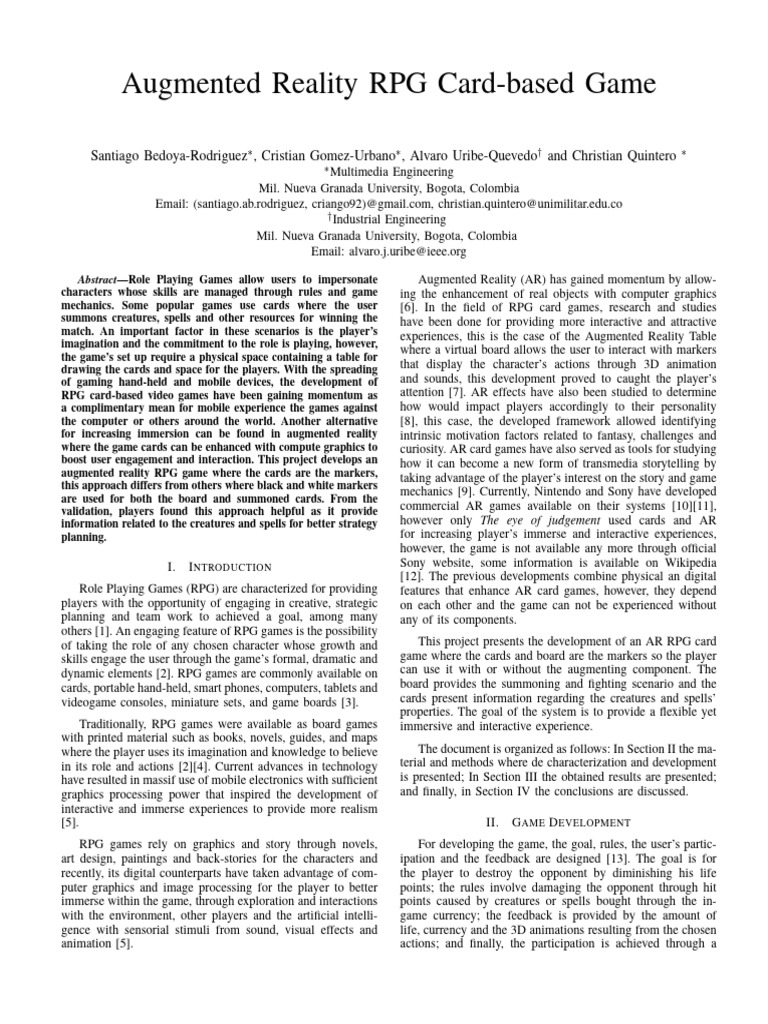 Augmented Reality RPG Card-Based Game | PDF | Augmented Reality | Role ...