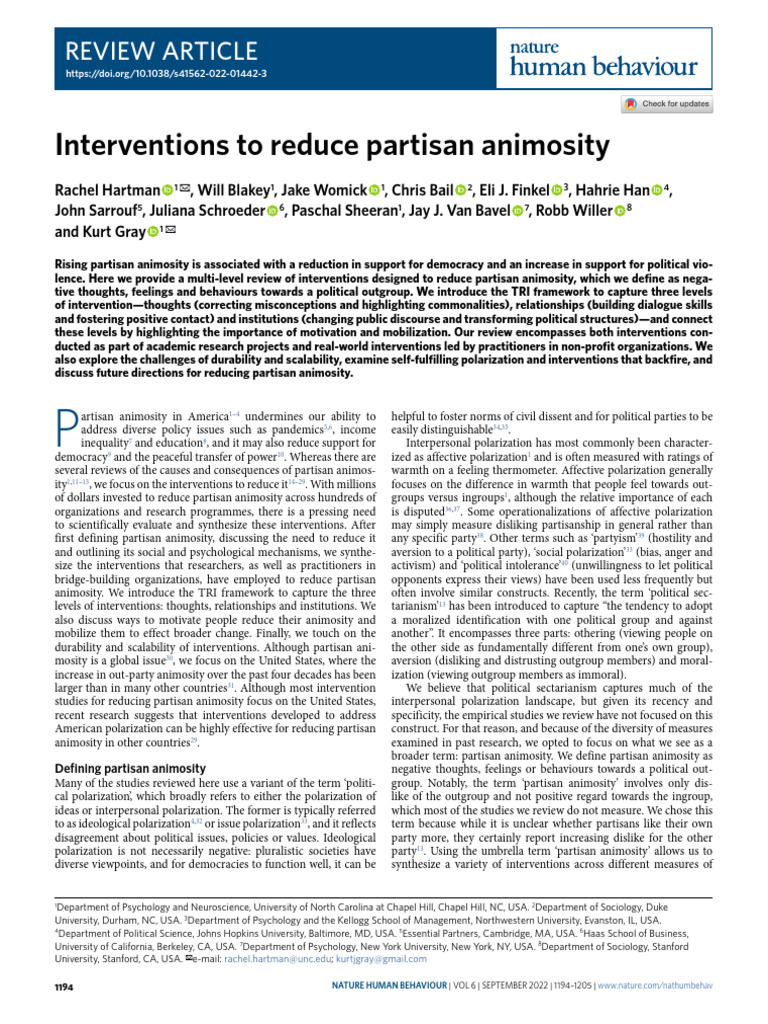 Hartman, R., Et Al. (2022) - Interventions To Reduce Partisan Animosity ...