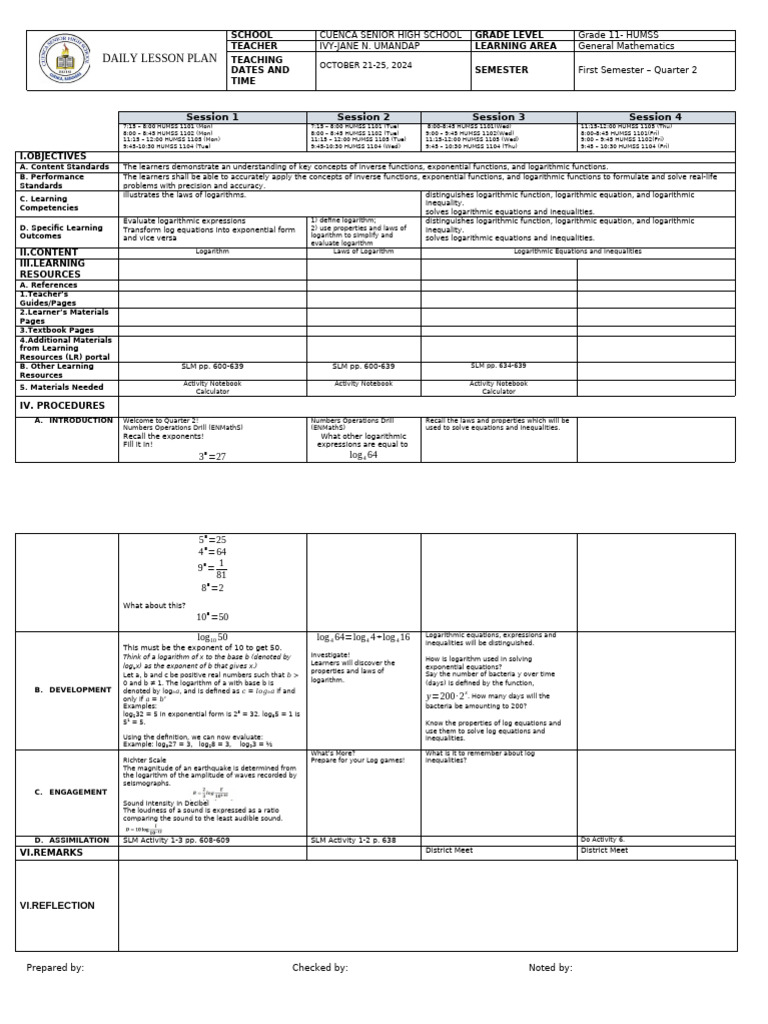 GM DLL Q2 Week 4 Logarithm | PDF | Logarithm | Function (Mathematics)