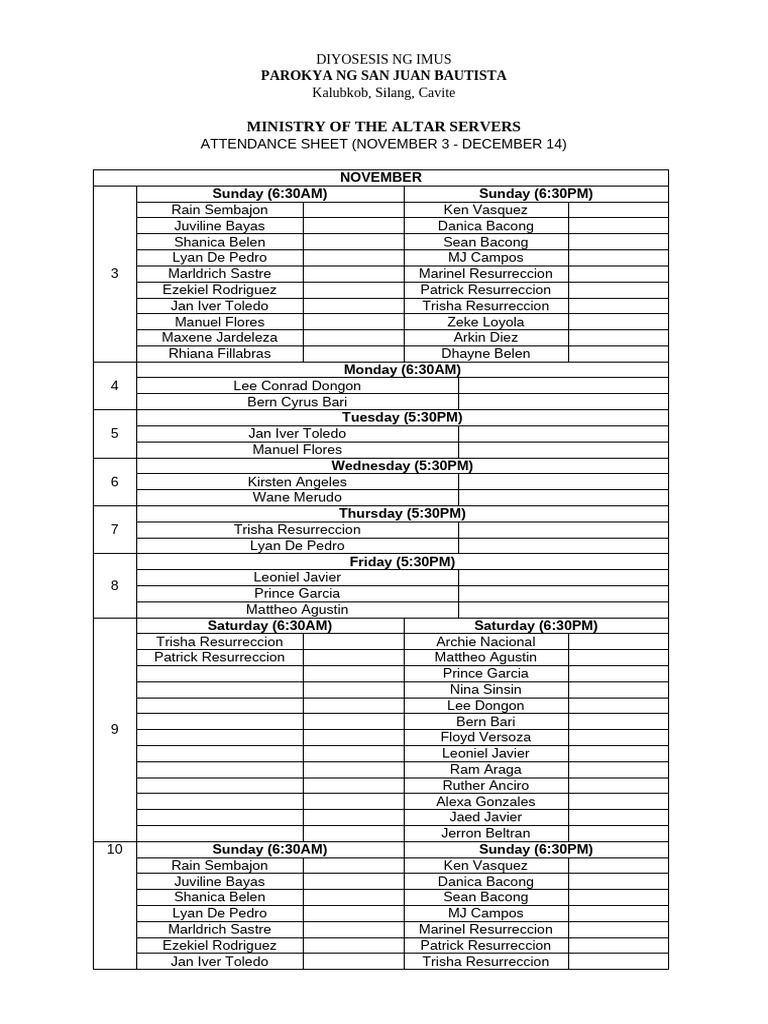 Altar Servers Attendance Nov-Dec 2023 | PDF