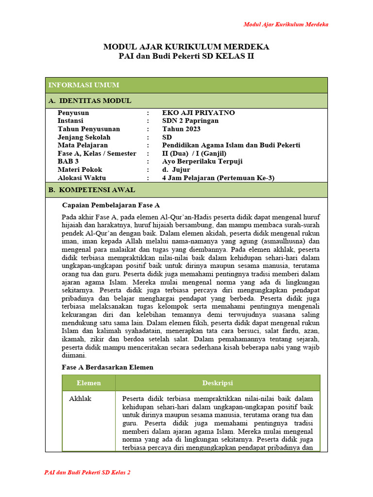 Modul Ajar PAI Kelas 2 - BAB 3 Upload PMM | PDF
