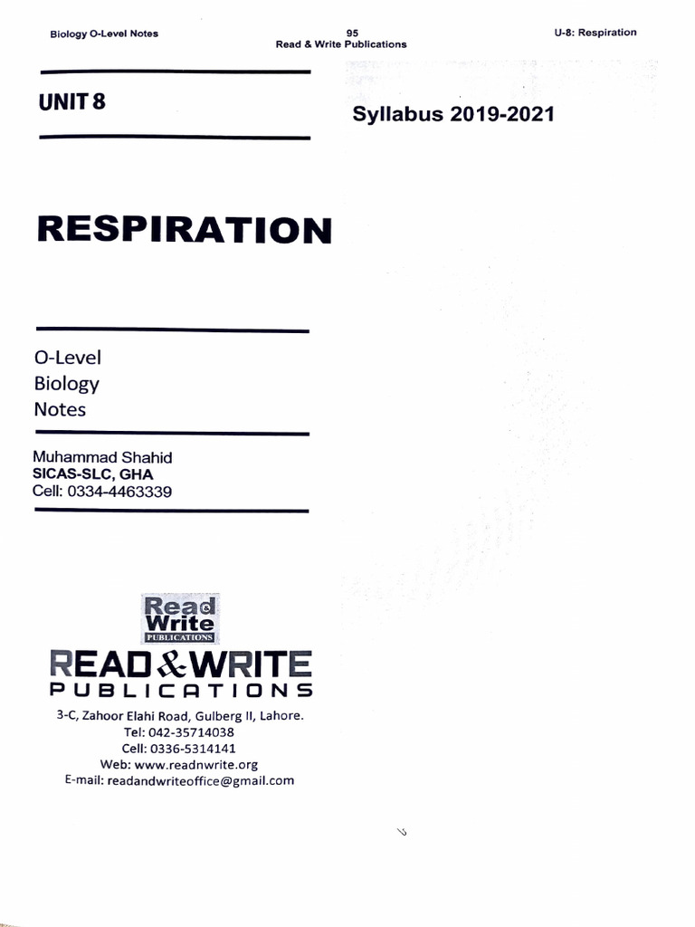 O Level Biology Notes 5 | PDF | Respiratory System | Cellular Respiration
