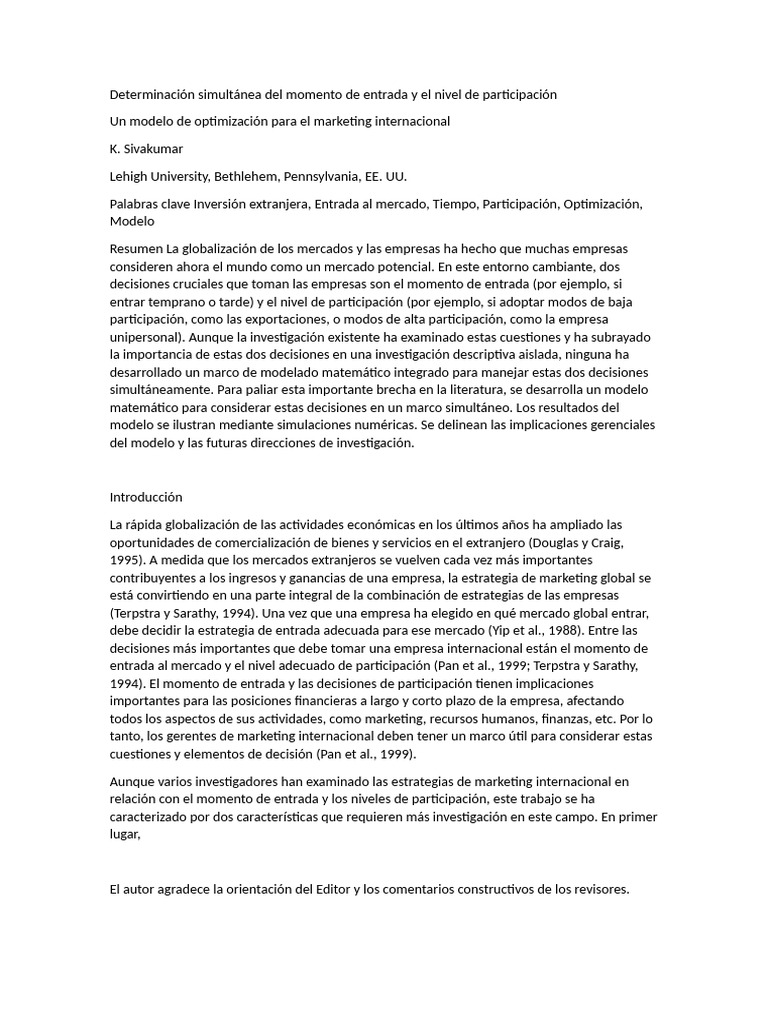 Determinación Simultánea Del Momento de Entrada y El Nivel de Participación Teor | PDF | Toma de ...