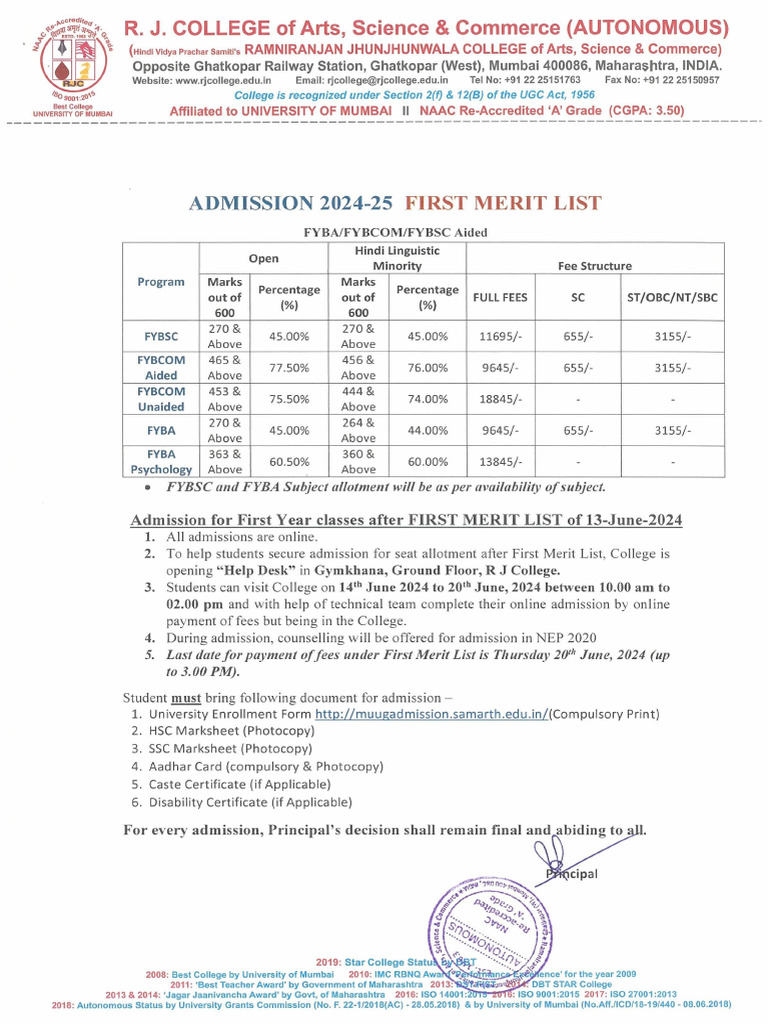 2024 First Merit List Announcement | PDF | Educational Stages