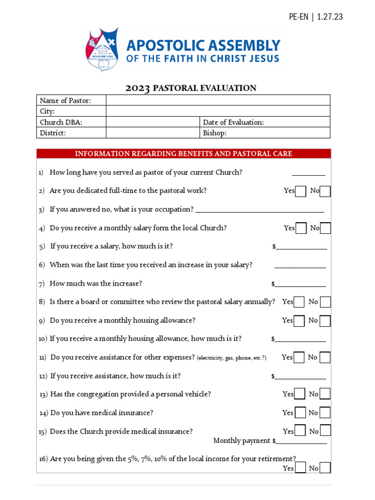 PE en 2023 Pastoral Evaluation | PDF | Baptism | Insurance