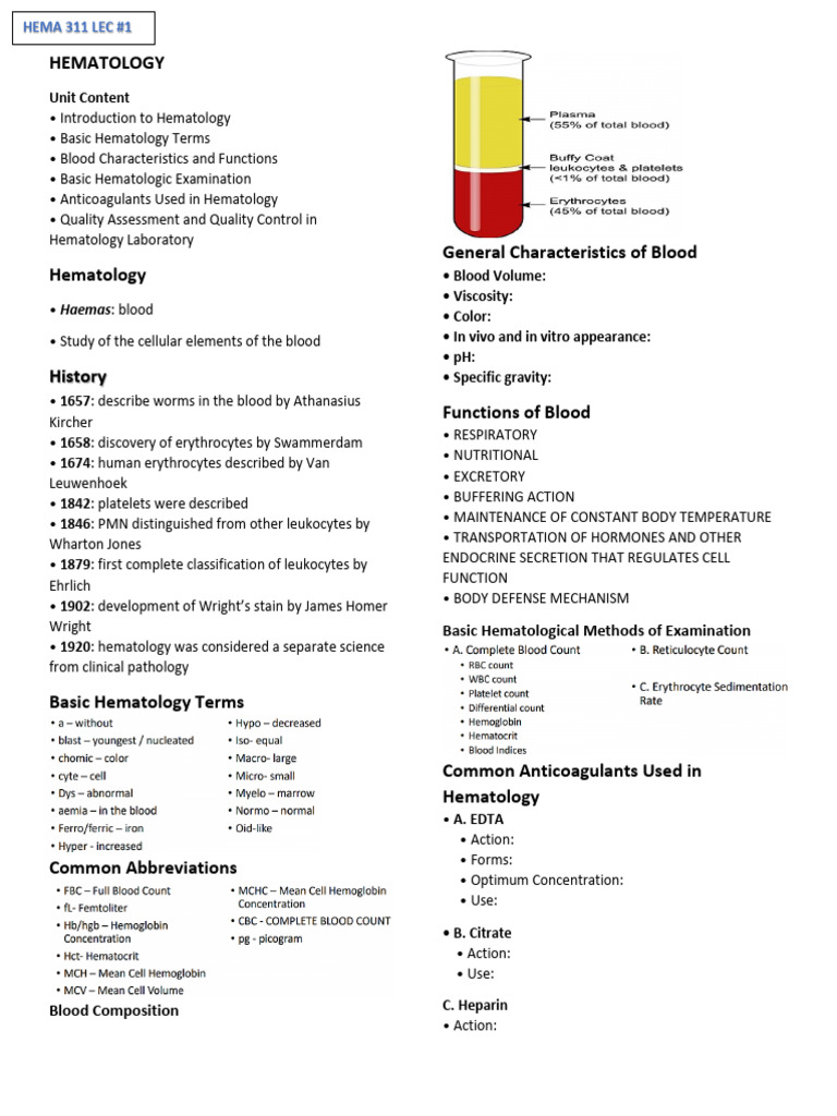 HEMATOLOGY Lec 1 | PDF | Blood | Medical Specialties HEMATOLOGY Lec 1 | PDF | Blood | Medical Specialties