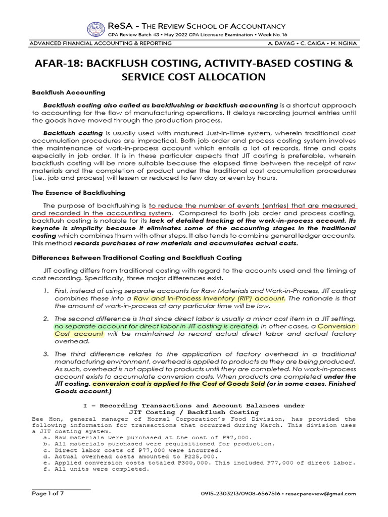 AFAR-18 (Backflush Costing, ABC & Service Cost Allocation) | PDF | Cost Of Goods Sold | Gross Margin