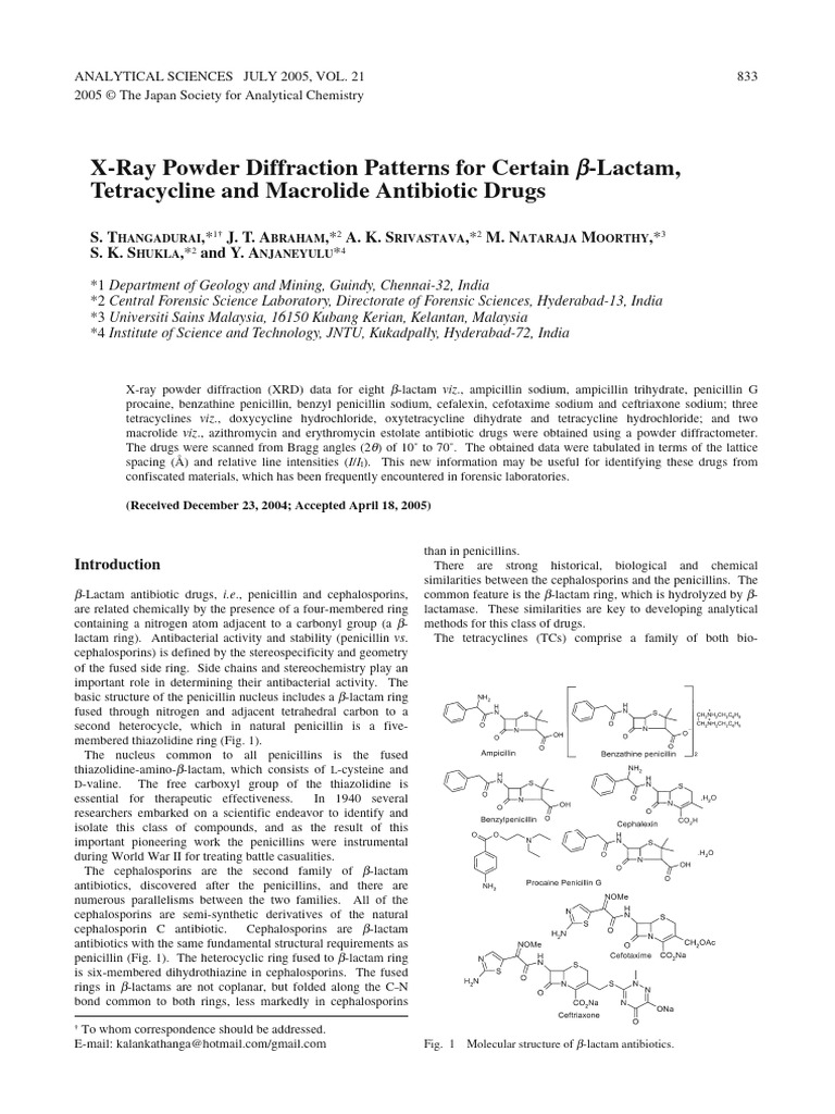 X-Ray Powder Diffraction Patterns For Certain B-Lactam, Tetracycline ...
