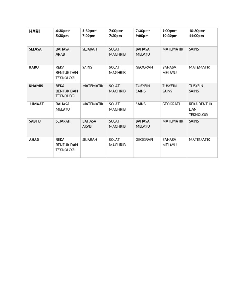 Jadual Belajar | PDF