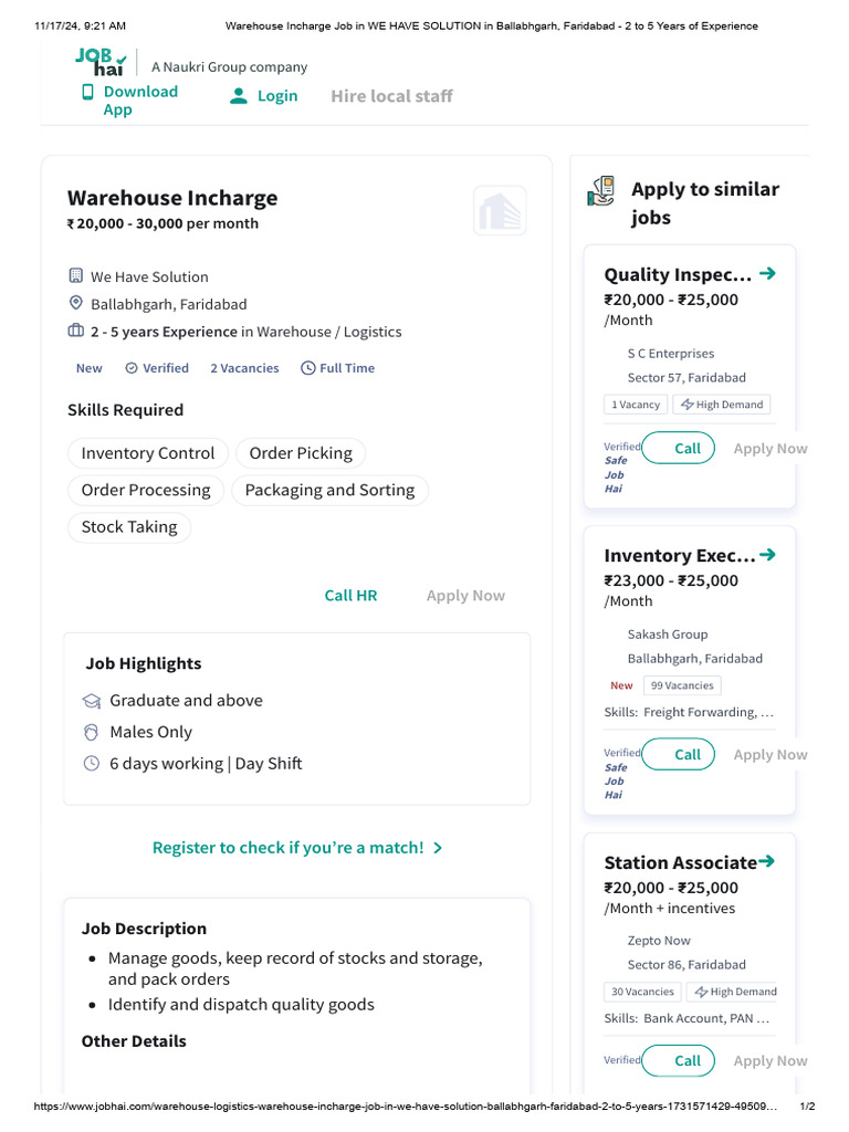 Warehouse Incharge: Hire Local Sta | PDF | Warehouse | Logistics