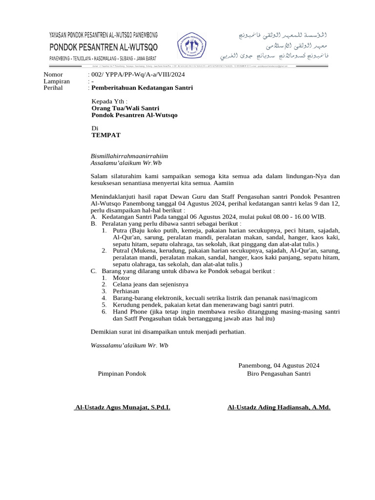Pemberitahuan Kedatangan Santri | PDF | Perjalanan | Kesehatan Holistik