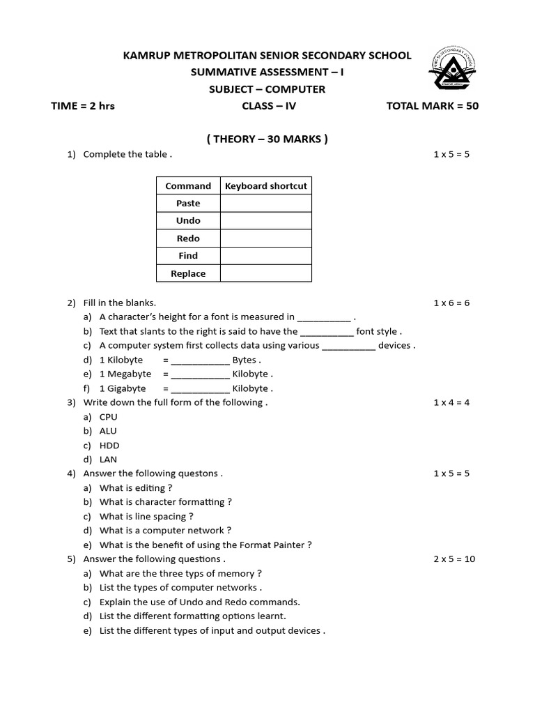 Q Paper Class Iv Computer and Practical Sa - I | PDF | Control Key ...