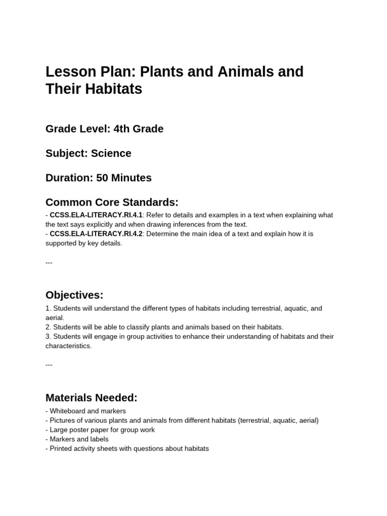 Lesson Plan - Plants and Animals and Their Habitats | PDF | Habitat ...