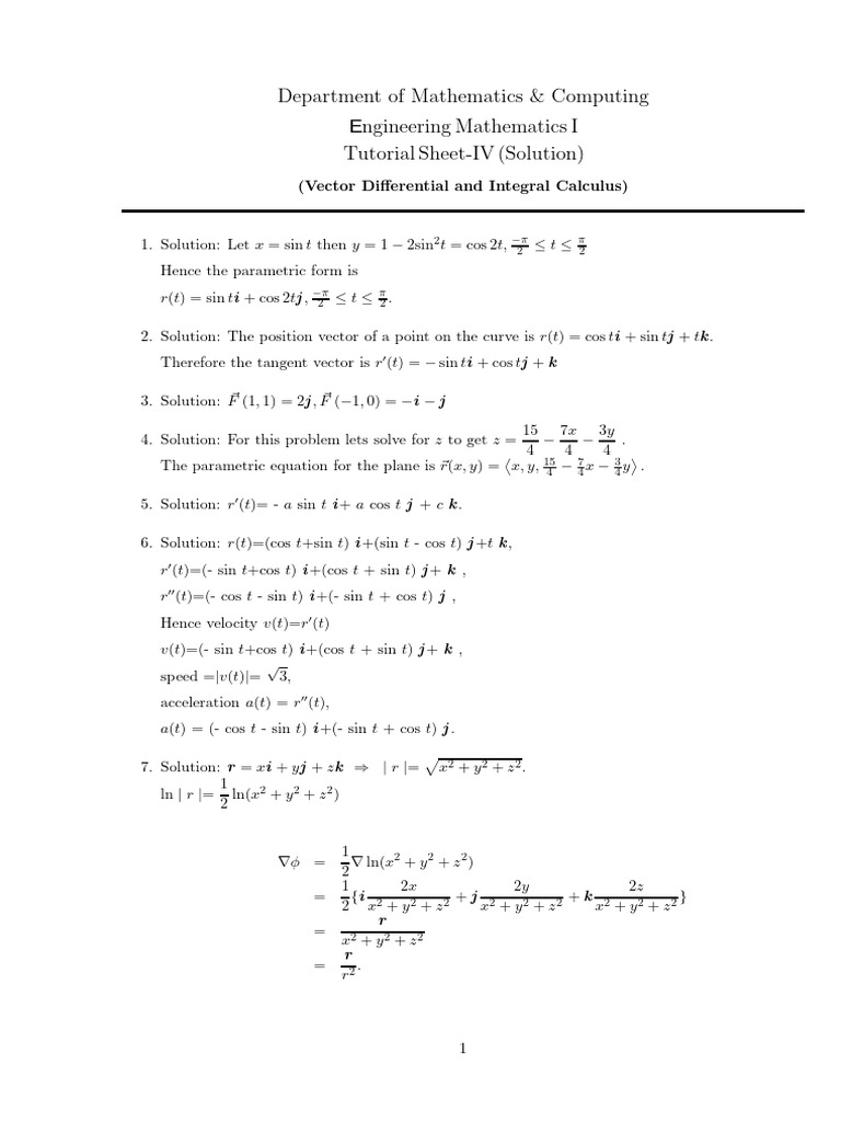 Vector Calculus Tutorial4 Solution | PDF | Mathematical Analysis | Geometry