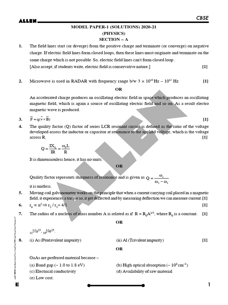 Physics Model Paper 1 Solution | PDF | Waves | Magnetic Field