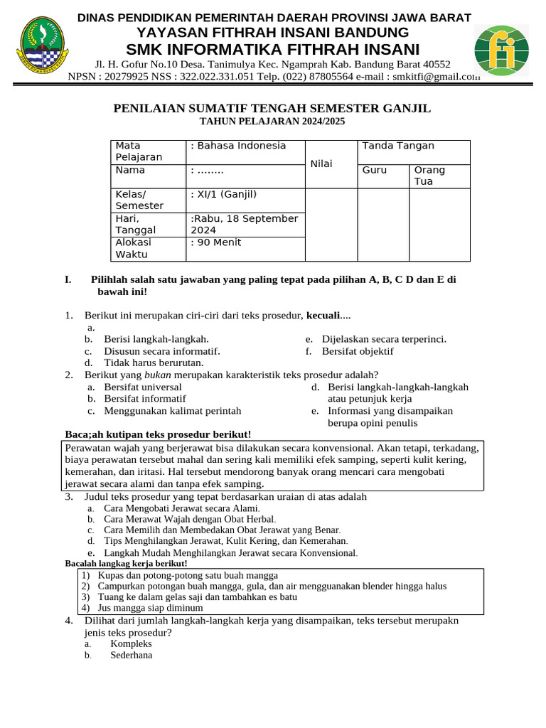 Bentuk SOAL PTS Bahasa Indonesia Kelas XI TH 2024-2025 | PDF