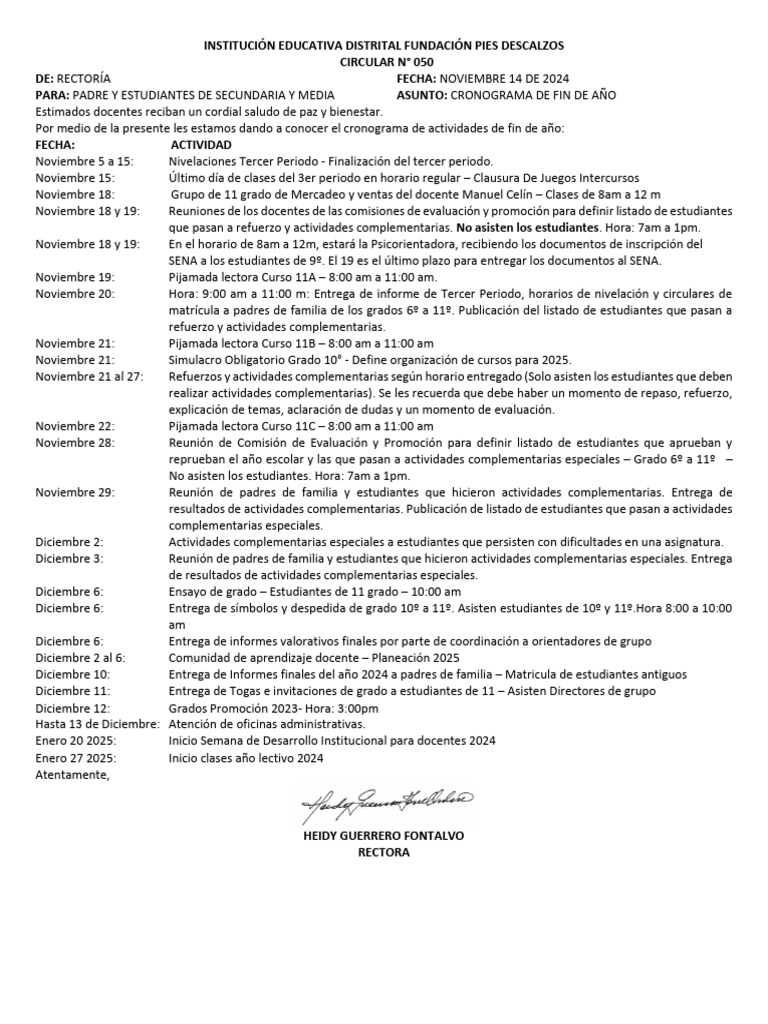 Circular N050 - Cronograma de Fin de Año Secundaria y Media | PDF | Salud y bienestar