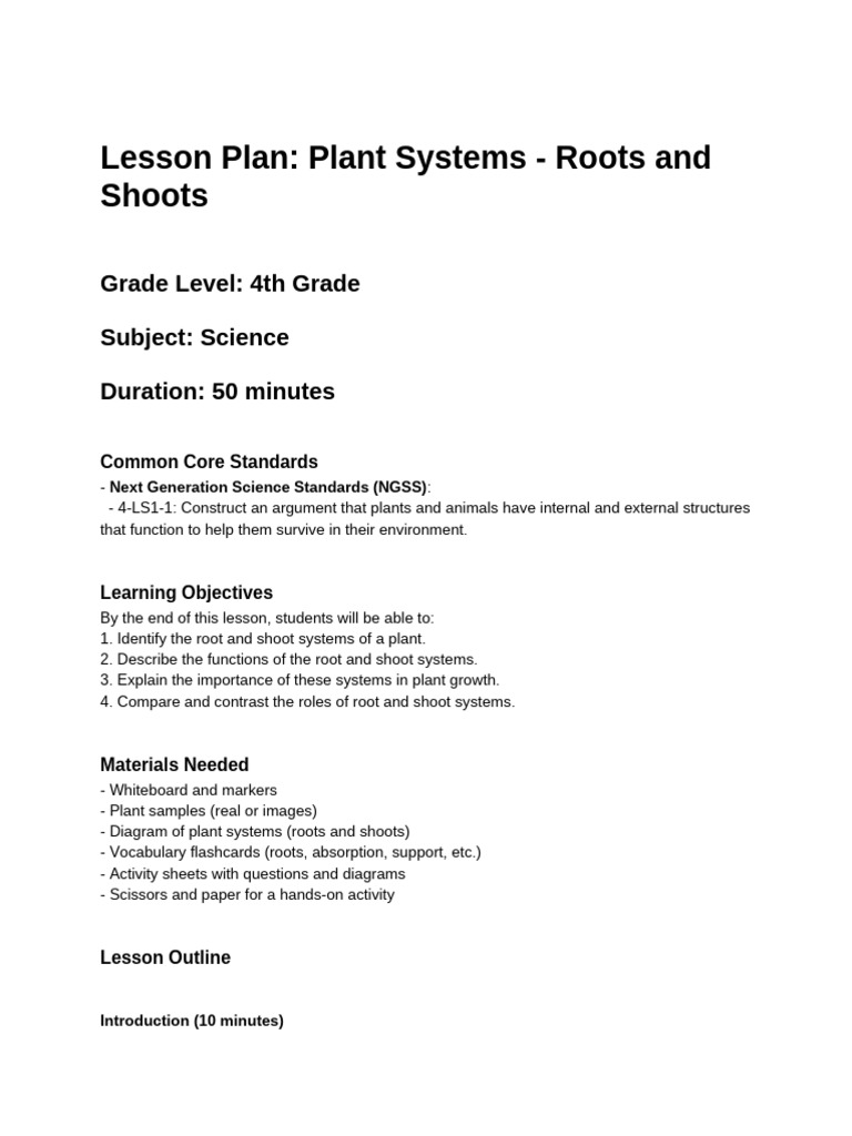 Lesson Plan - Plant Systems - Roots and Shoots | PDF | Root | Plants
