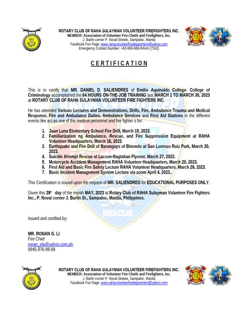 Tues Eac Ojt Certification | PDF | Firefighter | Emergency Medical Services