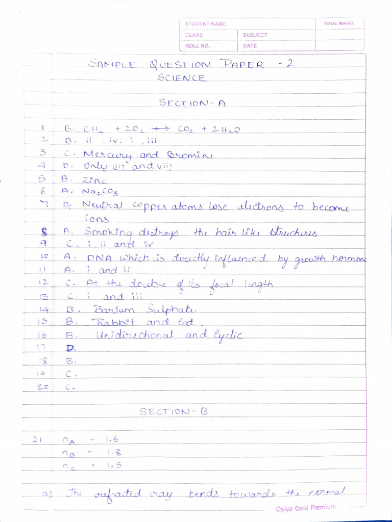 Science Sample Paper 2 Answers | PDF | Chemistry | Physical Chemistry