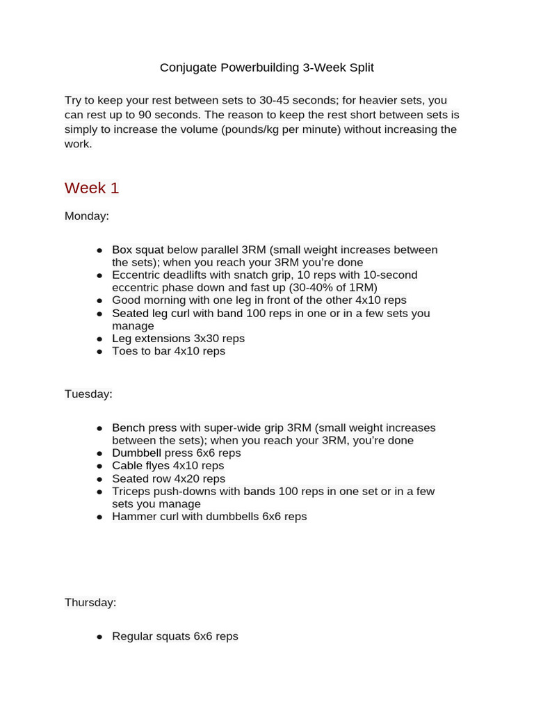 Conjugate Powerbuilding 3-Week Split | PDF | Weight Training | Strength Training