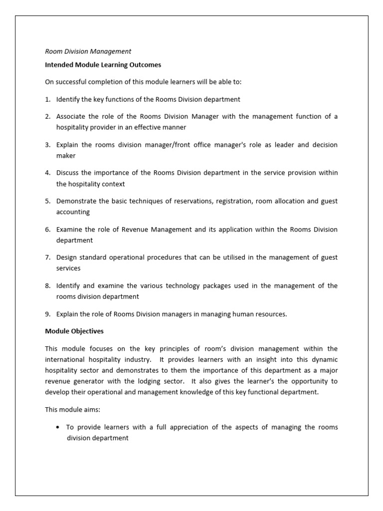 Hospitality Room Division Mastery | PDF | Human Resources | Learning