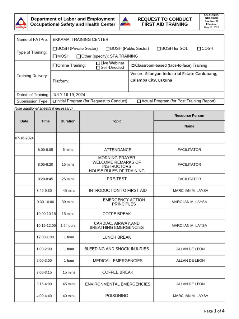 Dole Notice of Request To Conduct Training (Initial and Post Training ...