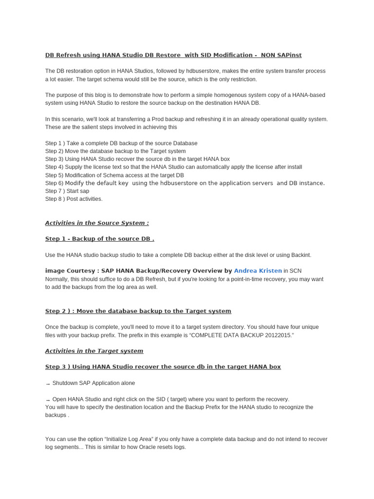 DB Refresh Using HANA Studio DB Restore With SID Modification - NON SAPinst | PDF | Backup ...
