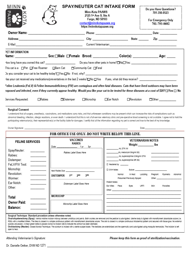 Spay/Neuter Proof Form for Cats | PDF | Neutering | Cats
