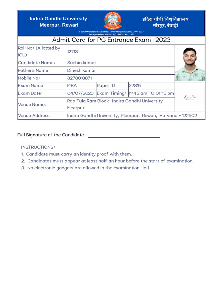 IGU Admission MBA ADMIT CARD ? 2023-24 | PDF
