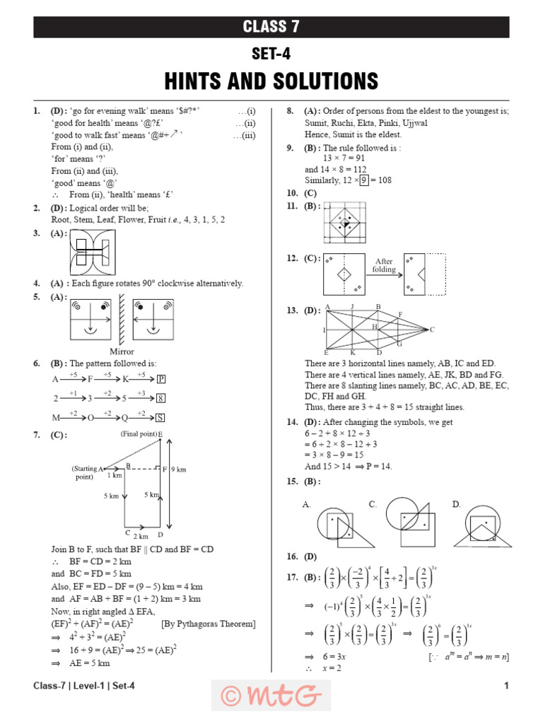 Imo Level1 Solution Class 7 Set 4 | PDF | Triangle | Euclidean Geometry