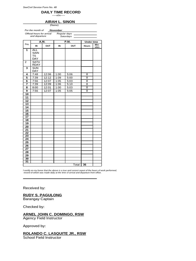 November Daily Time Record Form | PDF