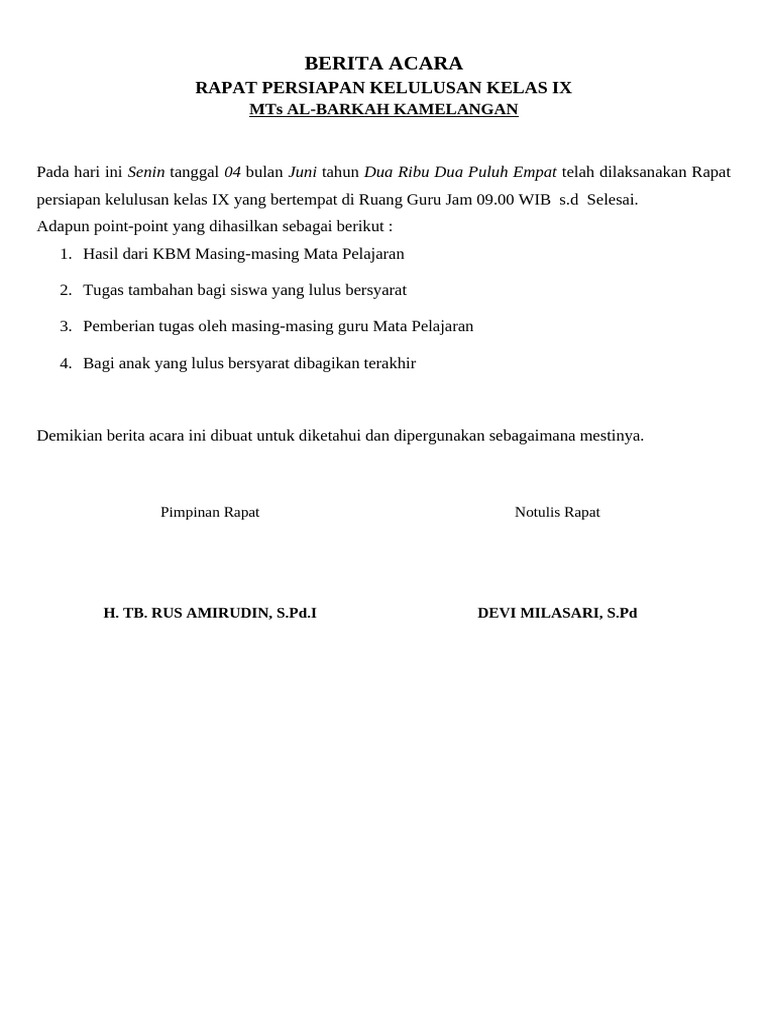 Berita Acara Rapat - KELULUSAN | PDF