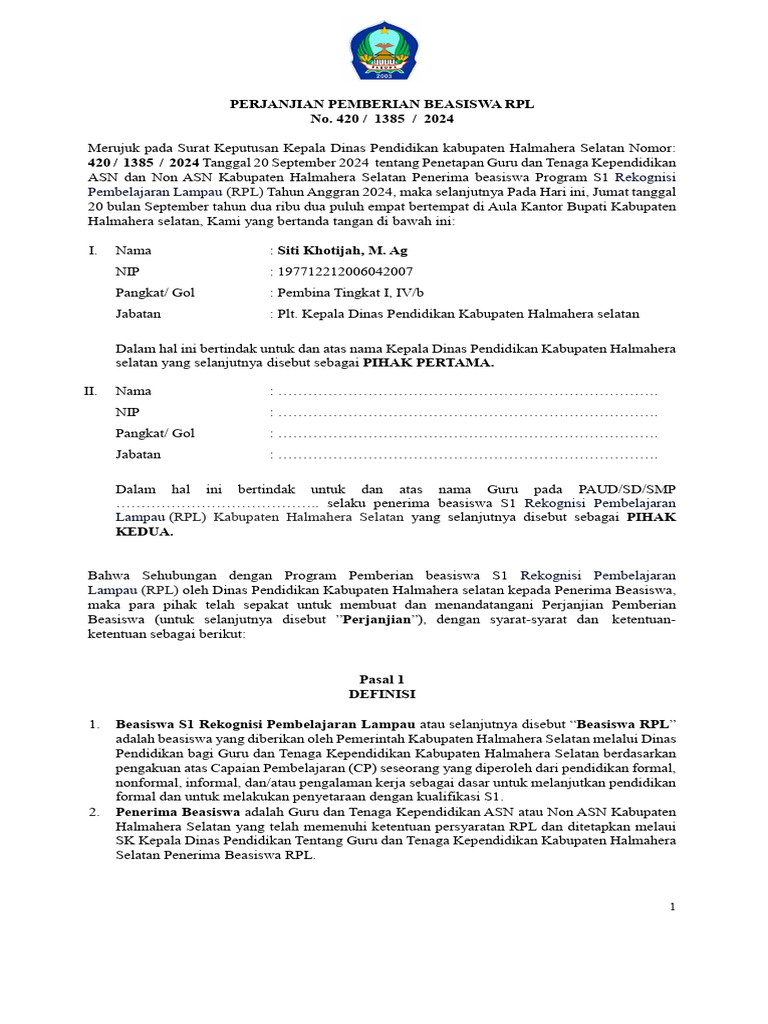 Surat Perjanjian Beasiswa RPL 2024 Mahasiswa | PDF